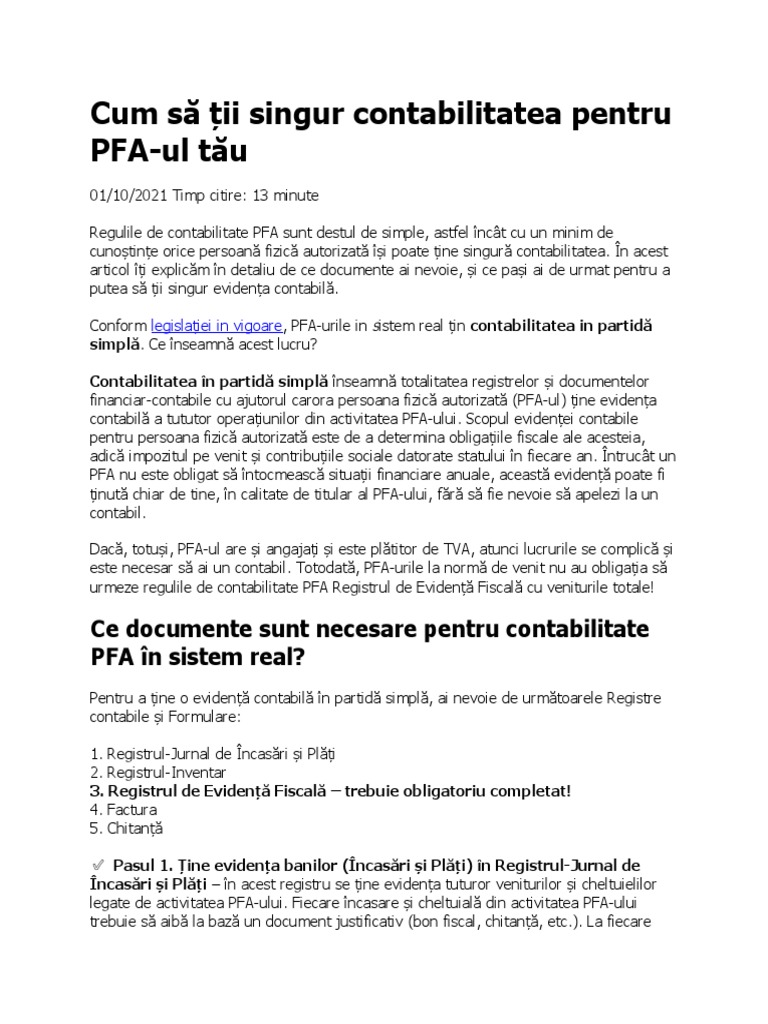 Ghid Contabilitate PFA | PDF
