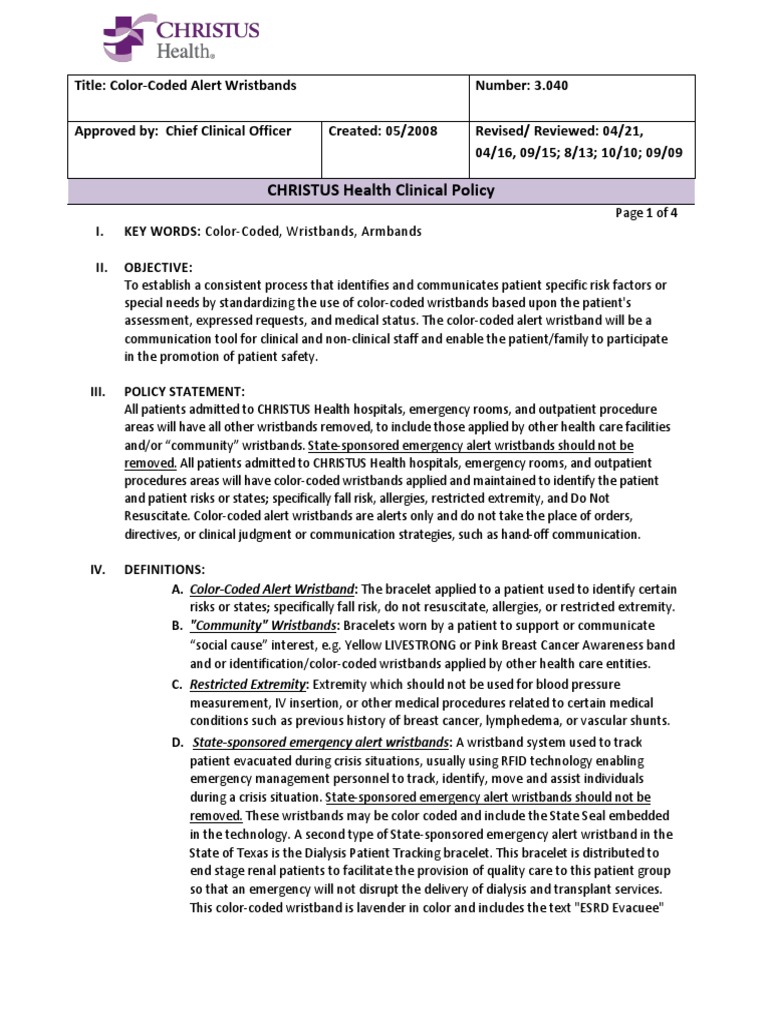 Color-Coded Alert Wristband Policy 3.040 | PDF | Patient | Nursing