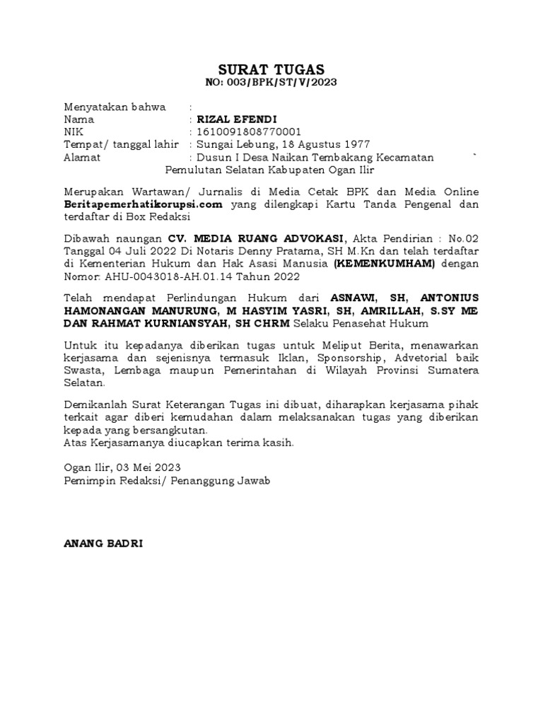 Surat Tugas Jurnalis Rizal Efendi | PDF | Hukum