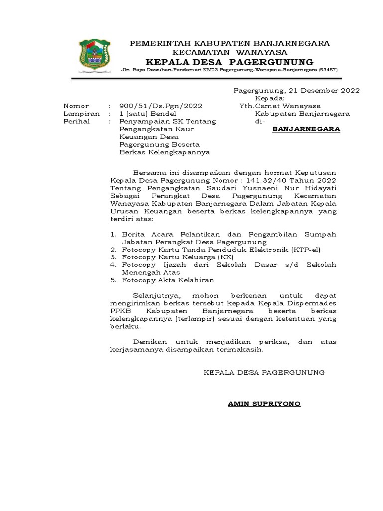 Surat Pengantar SK Pelantikan Kaur Keuangan | PDF