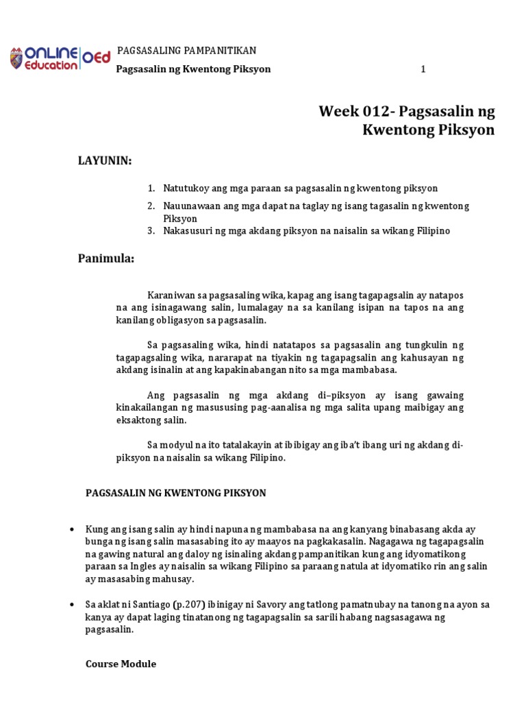 Pagsasalin NG Kwentong Piksyon | PDF