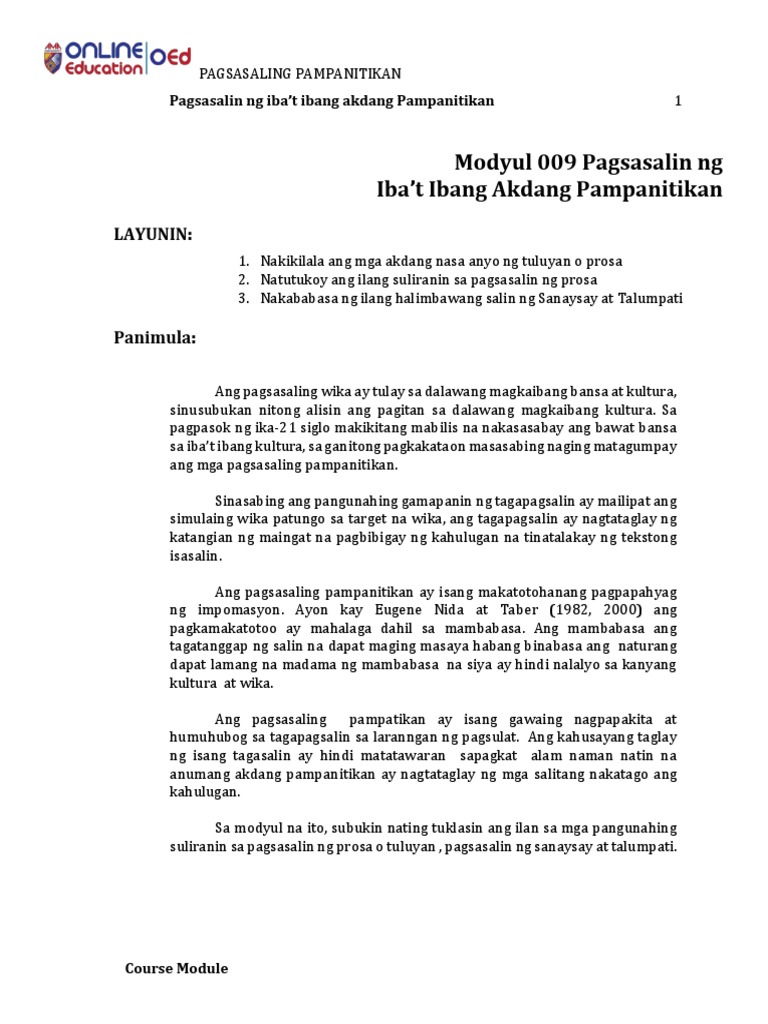 Pagsasalin NG Iba't Ibang Akdang Pampanitikan | PDF