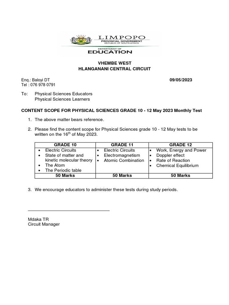 Grade 10 Physical Science Test Scope | PDF