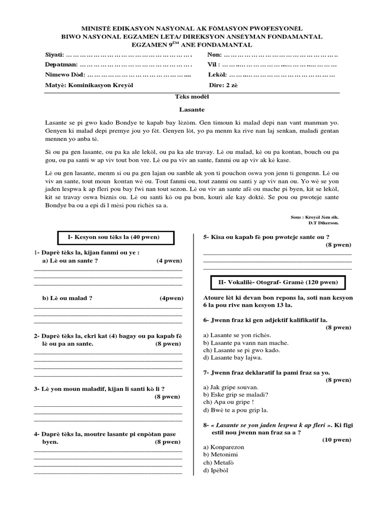 Texte Modele Creole - Doc 2023 | PDF