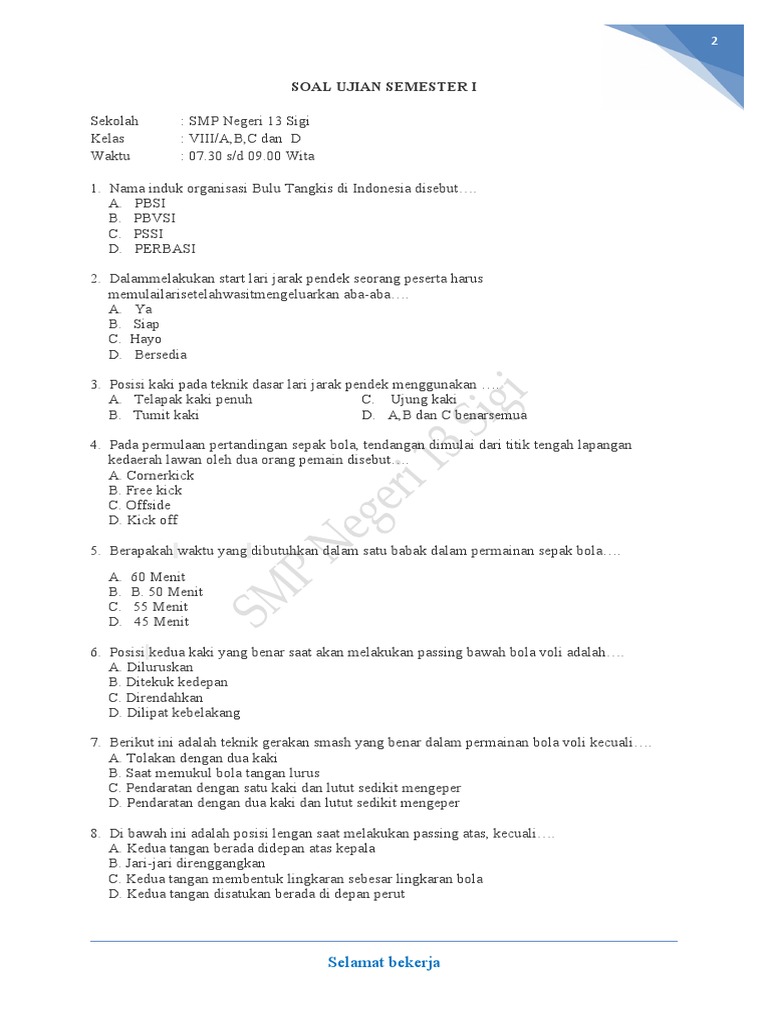 Soal Pjok Semester 1 KLS Viii | PDF
