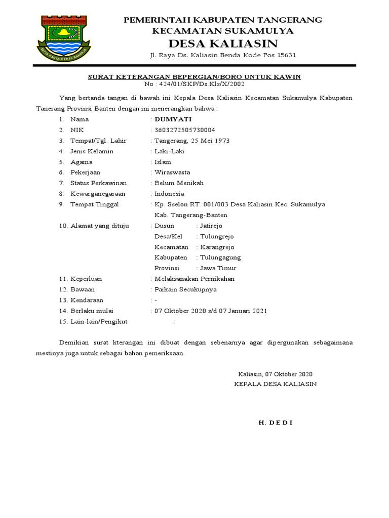 Surat Keterangan Bepergian untuk Nikah | PDF