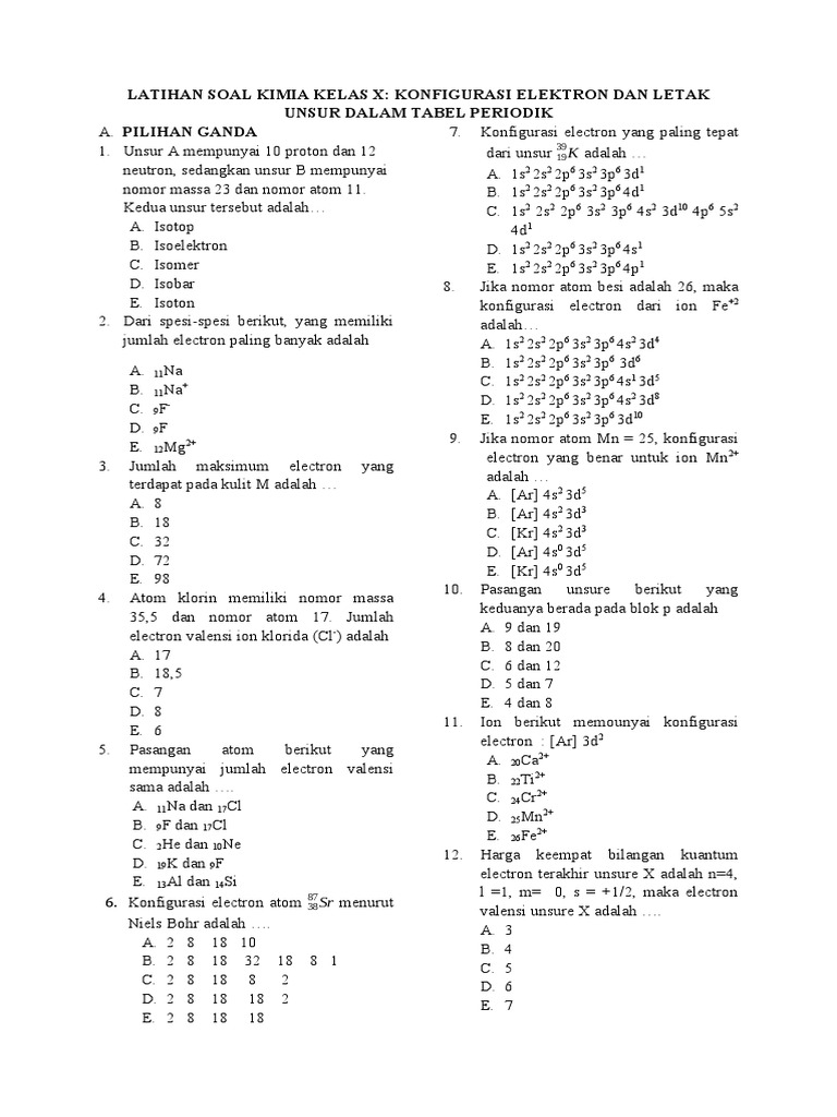 Latihan Soal Kimia Kelas X Konfigurasi e | PDF