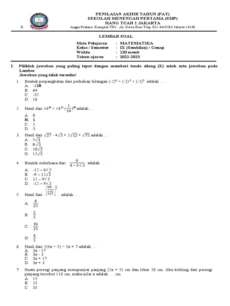 SOAL PAT MTK Kelas 9 (40 Soal) 2023 | PDF