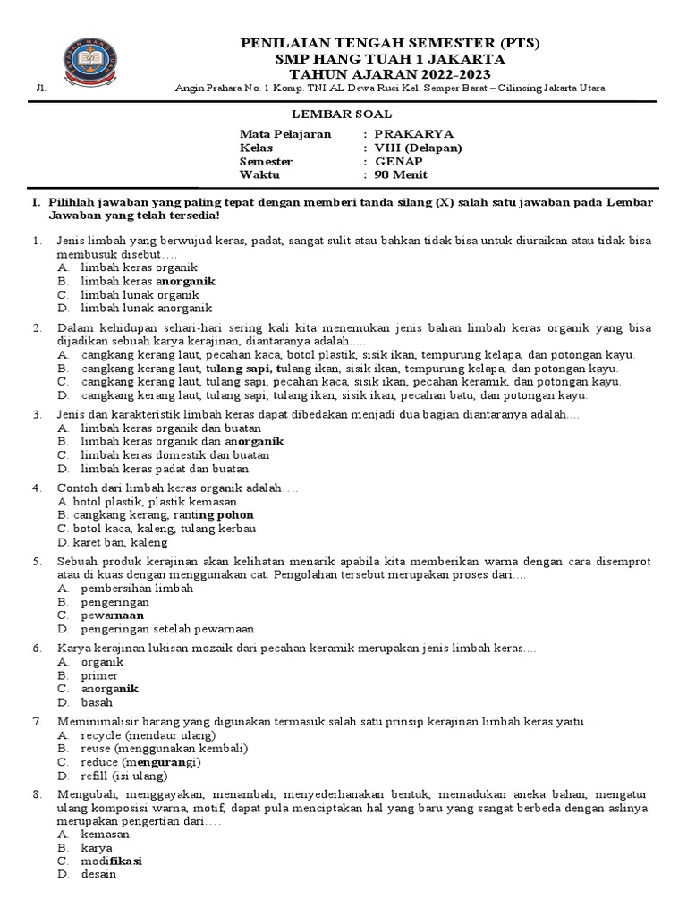 SOAL PTS Genap PRAKARYA Kelas VIII '22 | PDF