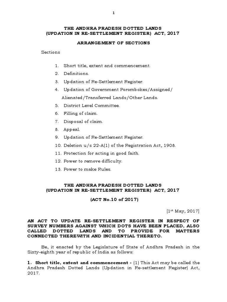 The A.p.dotted Lands (Updation in Re-Settlement Register) Act, 2017 ... The A.p.dotted Lands (Updation in Re-Settlement Register) Act, 2017 ...