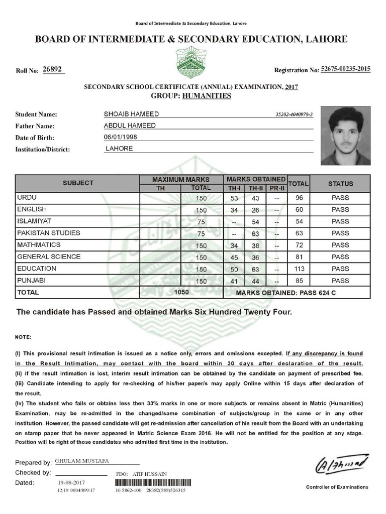 Matric Result Card | PDF