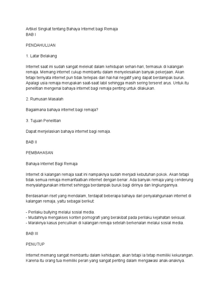 Artikel Singkat Tentang Bahaya Internet Bagi Remaja 5 | PDF
