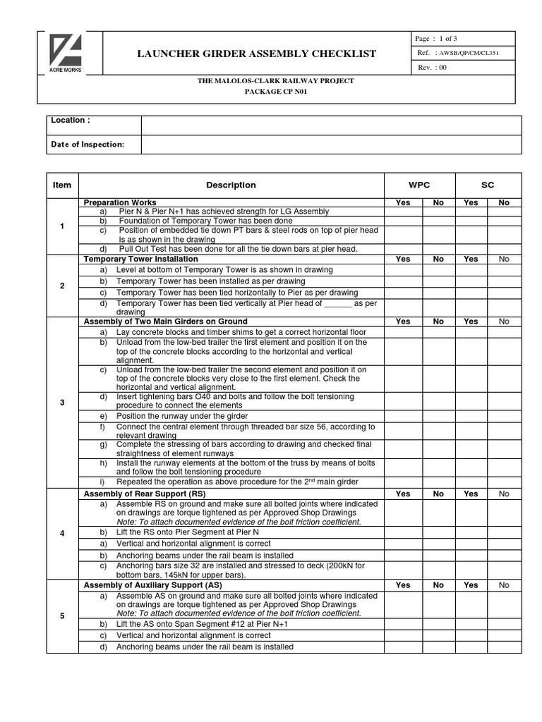 Launching Girder Assembly Checklist | PDF | Crane (Machine) | Components