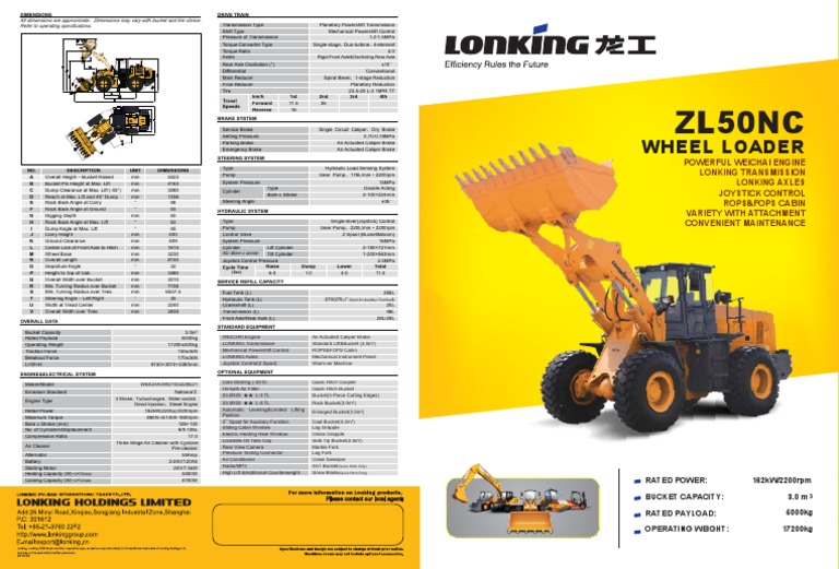 Lonking ZL50NC Wheel Loader Overview | PDF | Brake | Axle