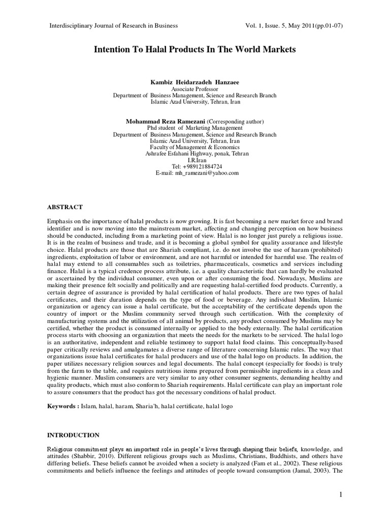 Hanzaee KH & Ramezani MR. 2011 - Intention To Halal Products in The World | PDF | Sharia | Hadith