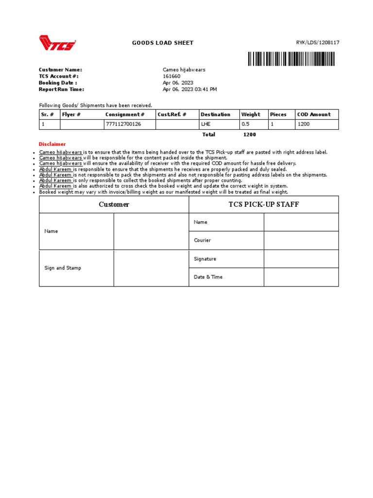 Customer Tcs Pick-Up Staff: Goods Load Sheet | PDF