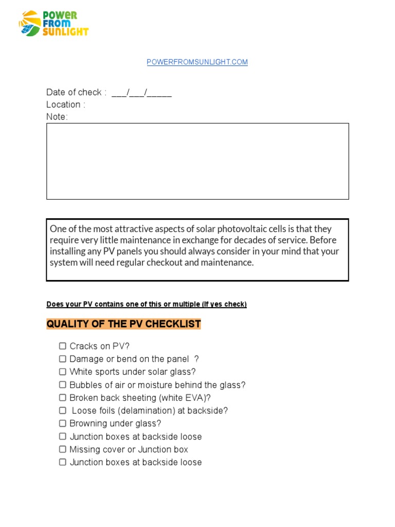 Solar Panel Maintenance Checklist | PDF | Photovoltaics | Electrical Wiring