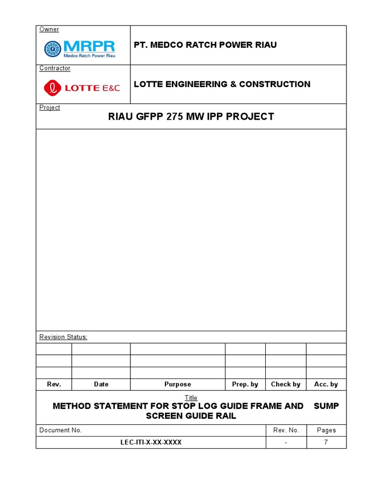 Method Statement For Cooling Tower Frame Sump Screen and Stop Log | PDF ...