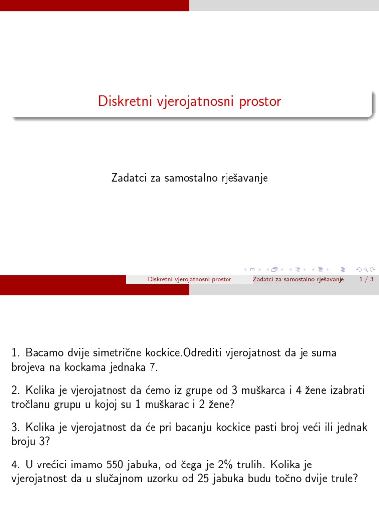 Zadatci Za Vježbu - Diskretni Vjerojatnosni Prostor | PDF