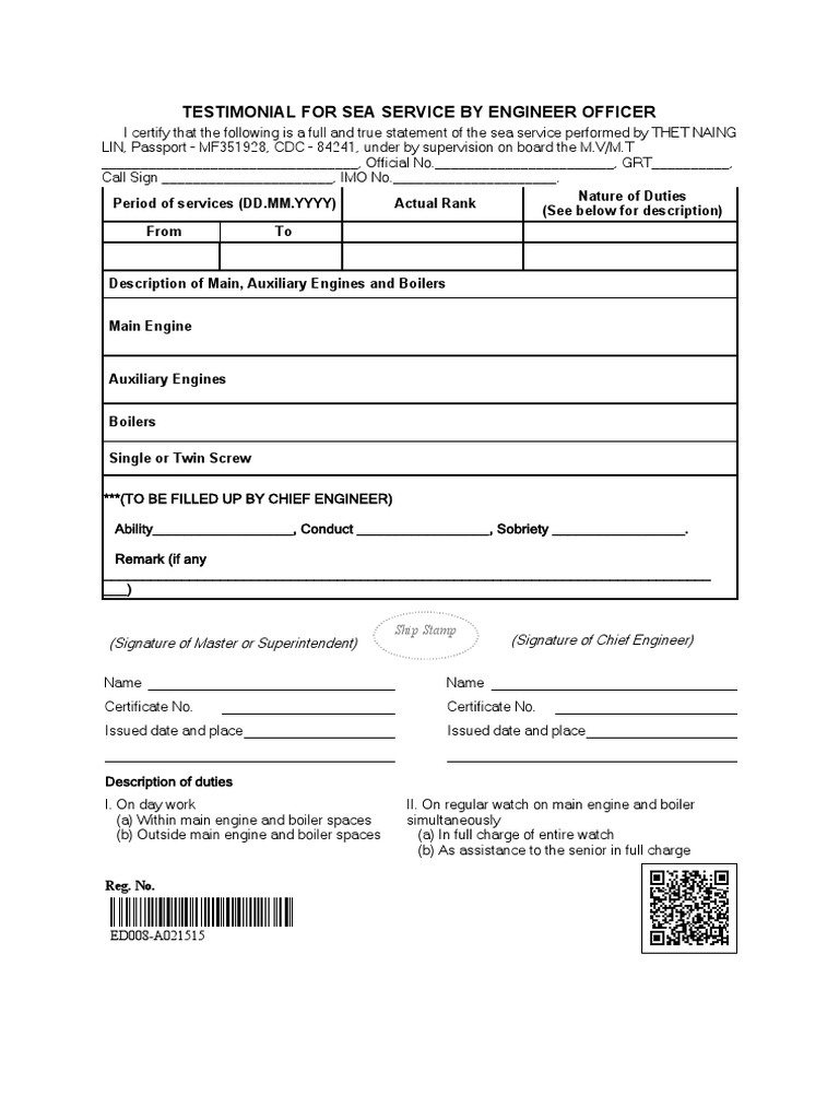 Testimonial For Sea Service by Engineer Officer: (Signature of Chief ...
