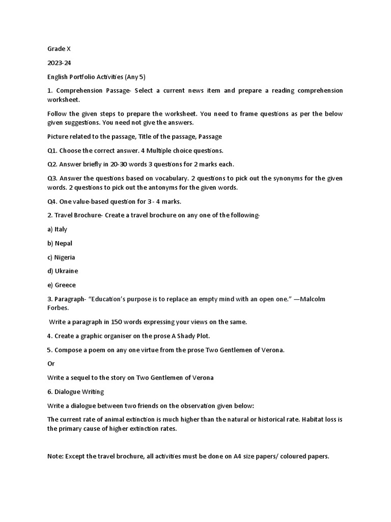 English Portfolio Grade X 2023-24 | PDF
