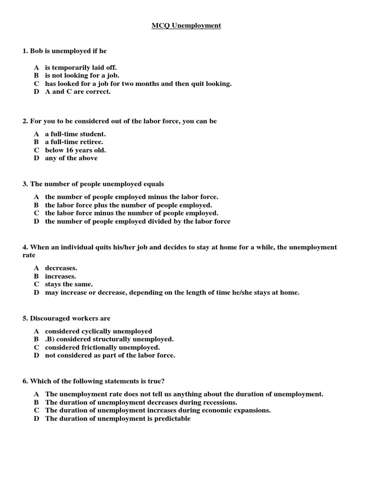 Tutorial 8 MCQ Question | PDF | Unemployment | Labour Economics Tutorial 8 MCQ Question | PDF | Unemployment | Labour Economics