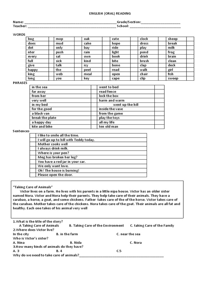 Oral Reading Assessment Tool EnglishFilipino 2 | PDF