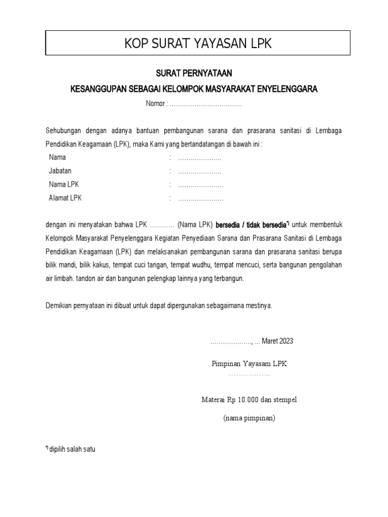 Surat Pernyataan Siap Menerima Hibah Dan Aset LPK 2023 | PDF