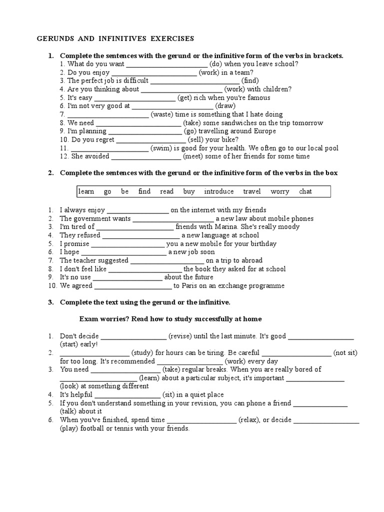 Gerunds and Infinitives. Exercises | PDF