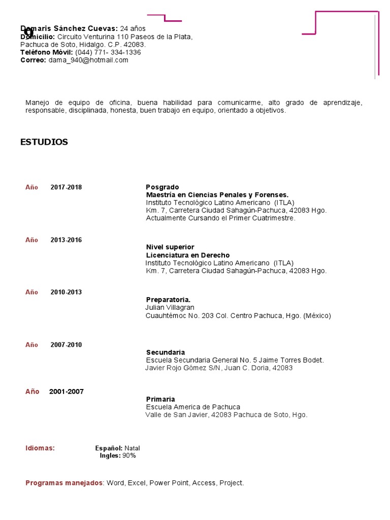 Curriculum DAMARIS SANCHEZ CUEVAS | PDF