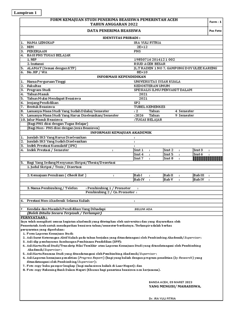 Form Kemajuan Studi | PDF