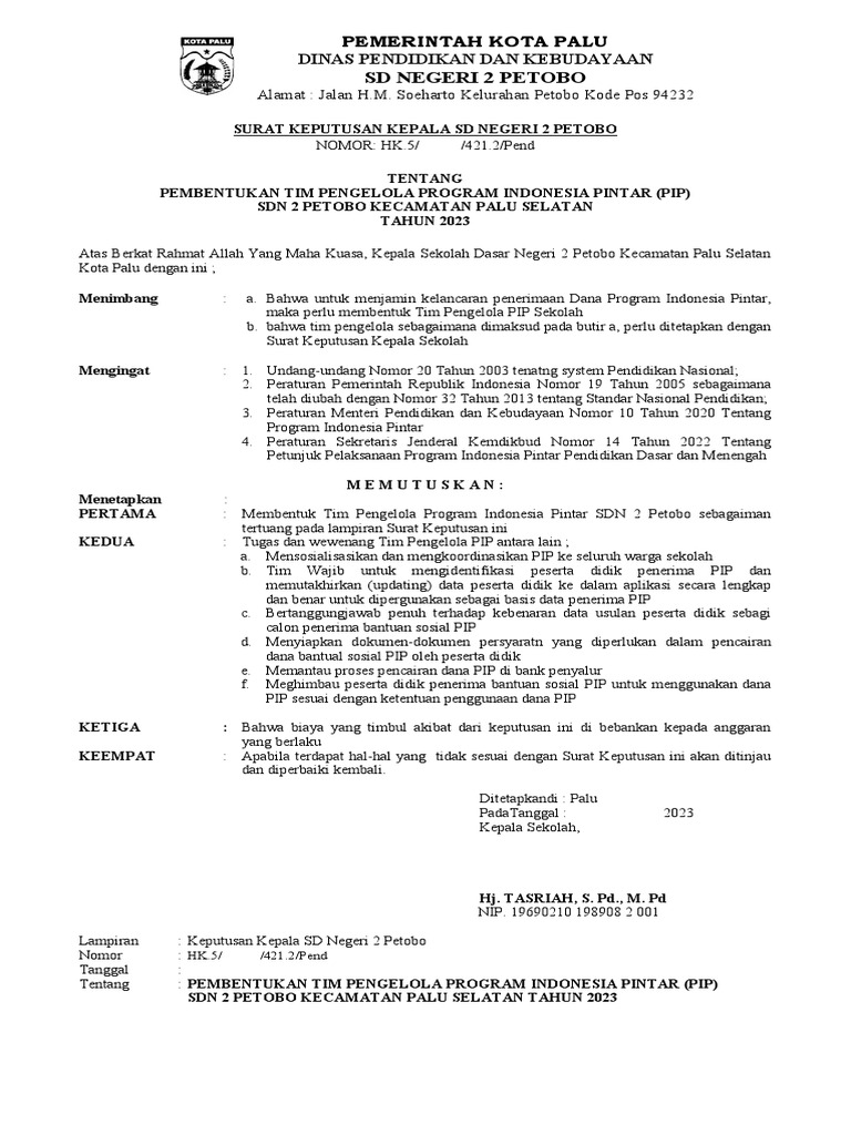 SK Tim Pengelola Pip Sekolah 2023 | PDF