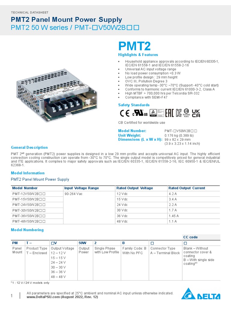 Datasheet PMT-12V50W2BA | PDF | Power Supply | Alternating Current