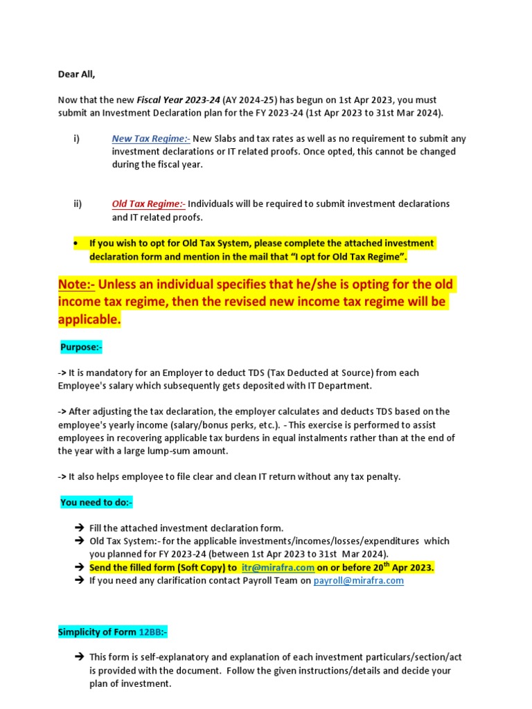 Investment Declaration For Income Tax Calculation For The Financial Year 2023-24 | PDF | Taxes ...
