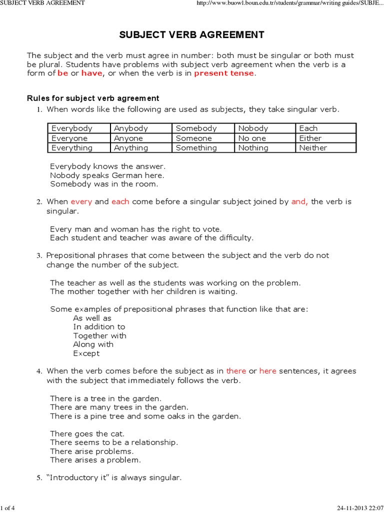 Subject Verb Agreement Rules 01 | PDF | Subject (Grammar) | Grammatical Number