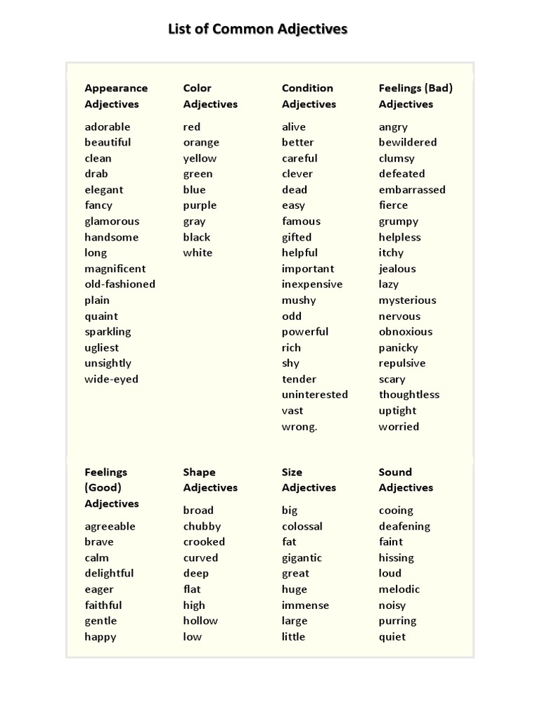 List of Common Adjectives | PDF