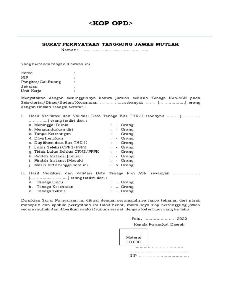 Contoh Format SPTJM Untuk Opd | PDF