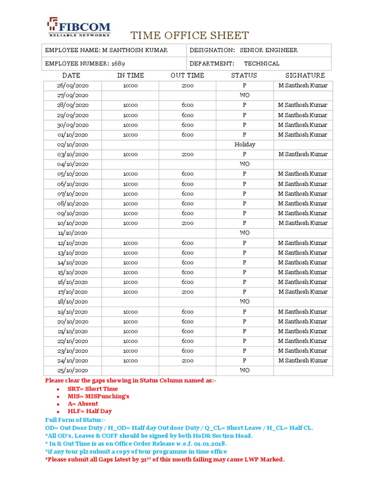 Time Sheet Fibcom India Limited_Santhosh_October_2020 | PDF