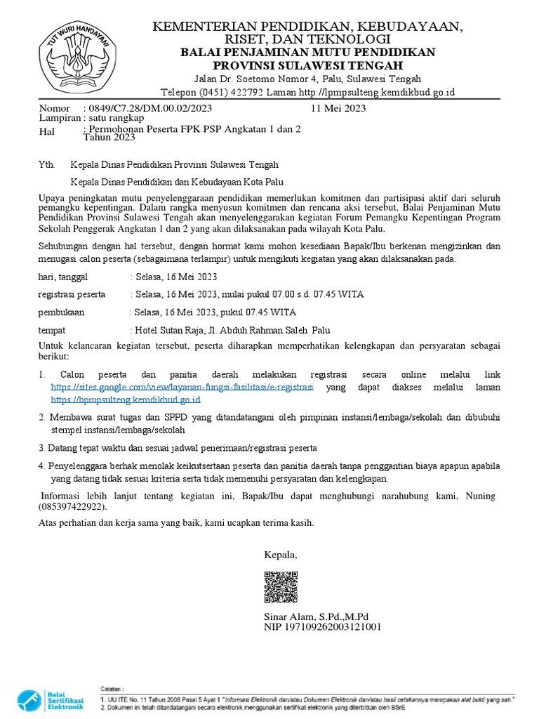 Surat Peserta FPK KOta PaluProv | PDF