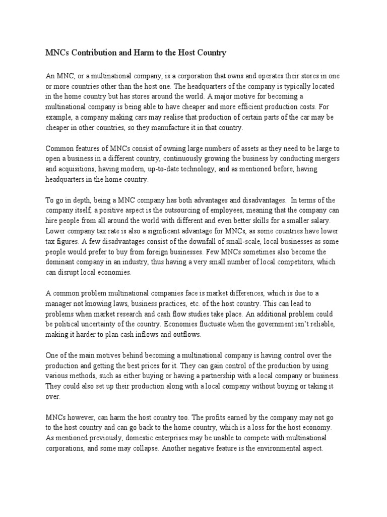 MNCs Contribution and Harm To The Host Country | PDF | Multinational ...