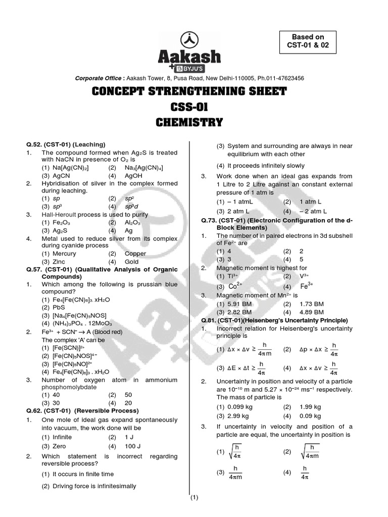 Concept Strengthening Sheet CSS 01 Based On CST 01 & 02 Chemistry | PDF ... Concept Strengthening Sheet CSS 01 Based On CST 01 & 02 Chemistry | PDF ...