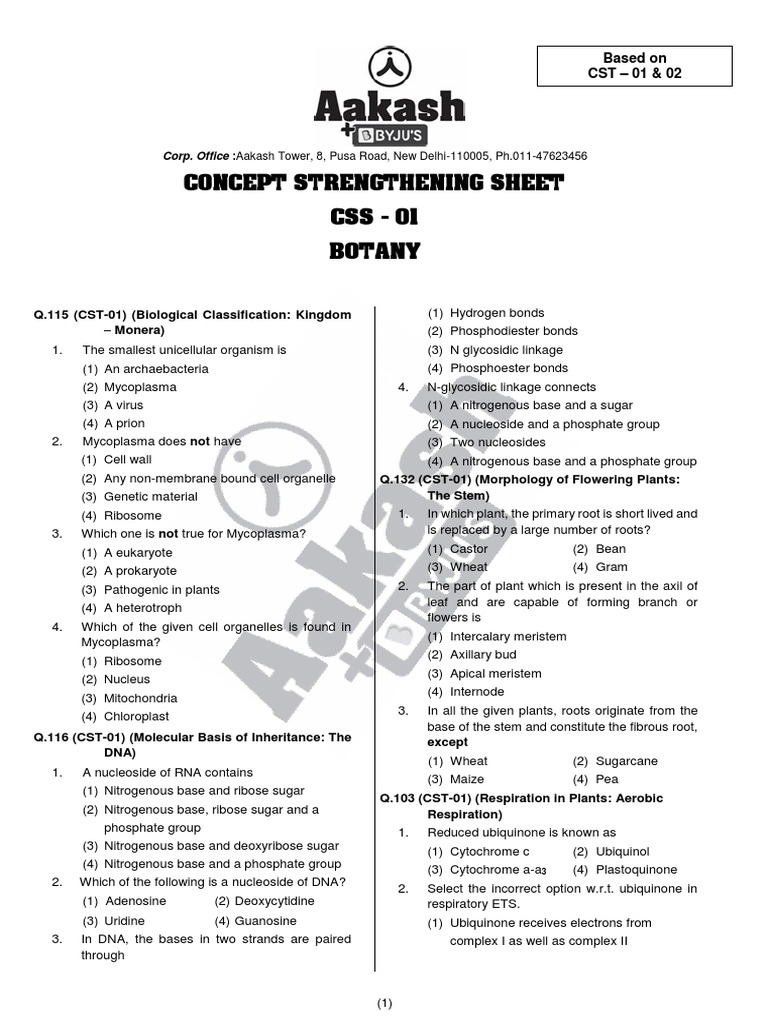 Concept Strengthening Sheet CSS 01 Based On CST 01 & 02 Botany | PDF ... Concept Strengthening Sheet CSS 01 Based On CST 01 & 02 Botany | PDF ...