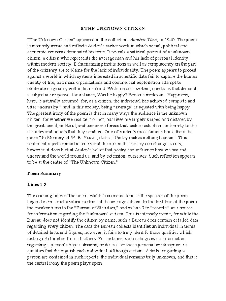 The Unknown Citizen | PDF | Irony | Poetry