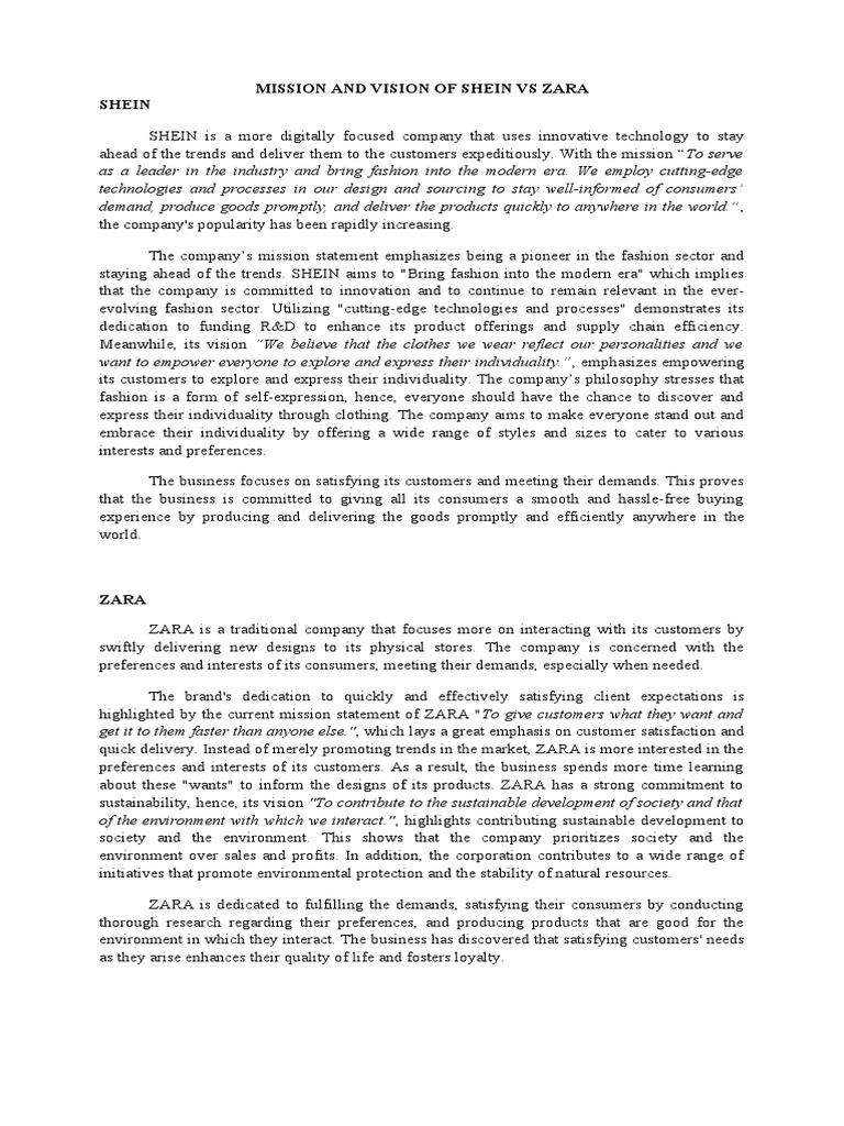 SHEIN vs ZARA: Mission and Vision Analysis | PDF | Customer | Fashion
