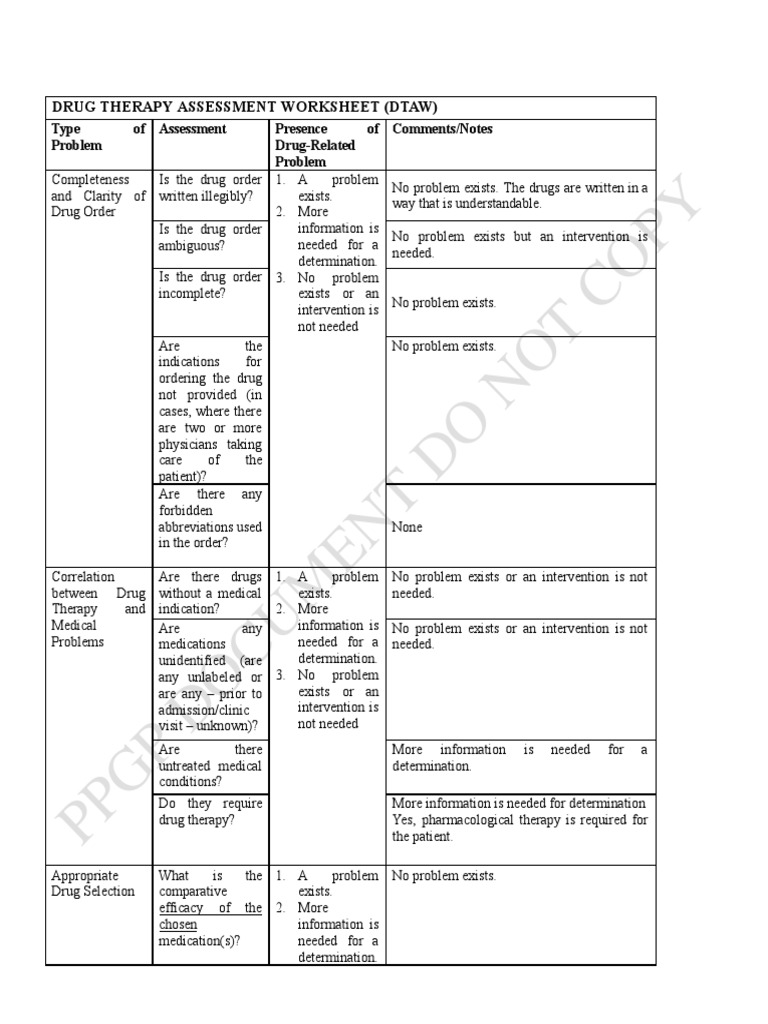 Drug Therapy Assessment Worksheet | PDF | Therapy | Chemistry