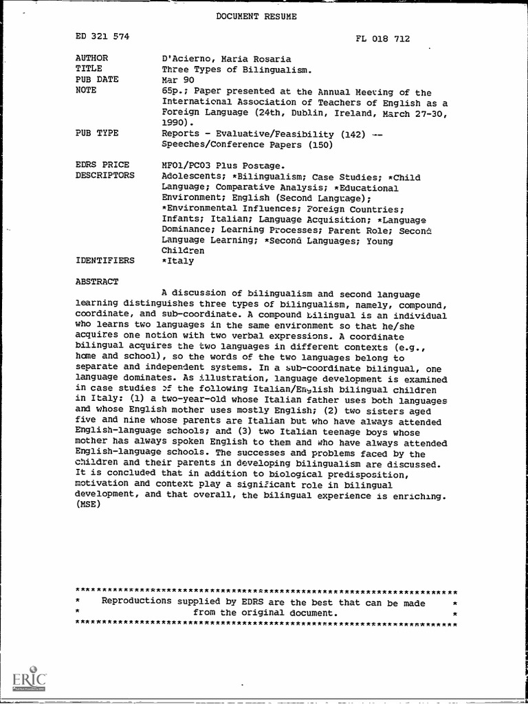 D'Acierno Three Types of Bilingualism | PDF | Multilingualism ...