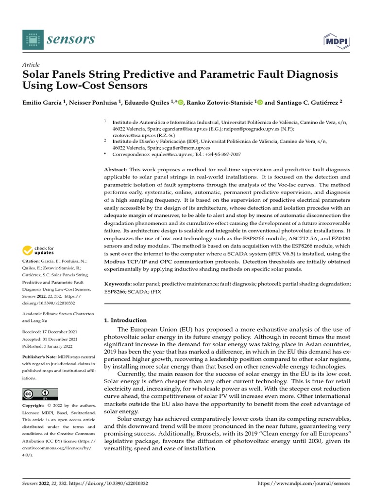 Solar Panels String Predictive and Parametric Fault Diagnosis Using Low ...