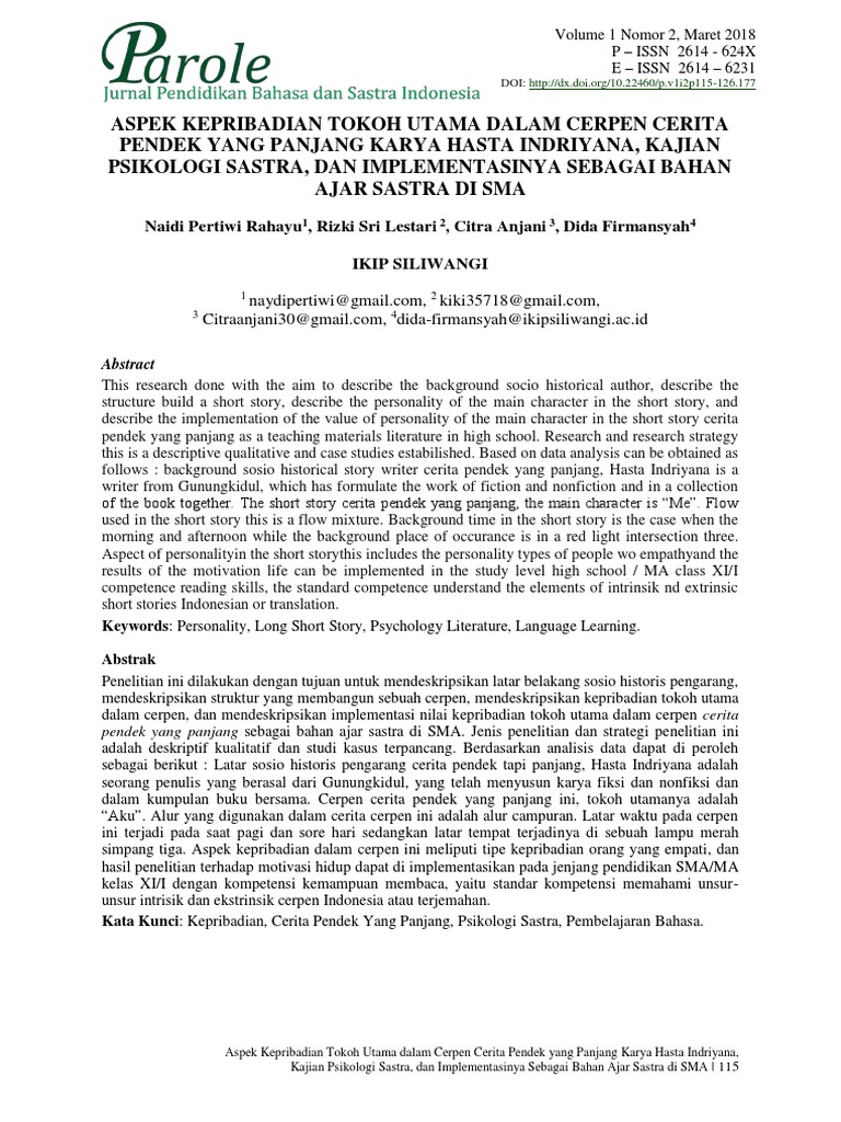 Aspek Kepribadian Tokoh Utama Dalam Cerpen Cerita | PDF | Linguistics ...