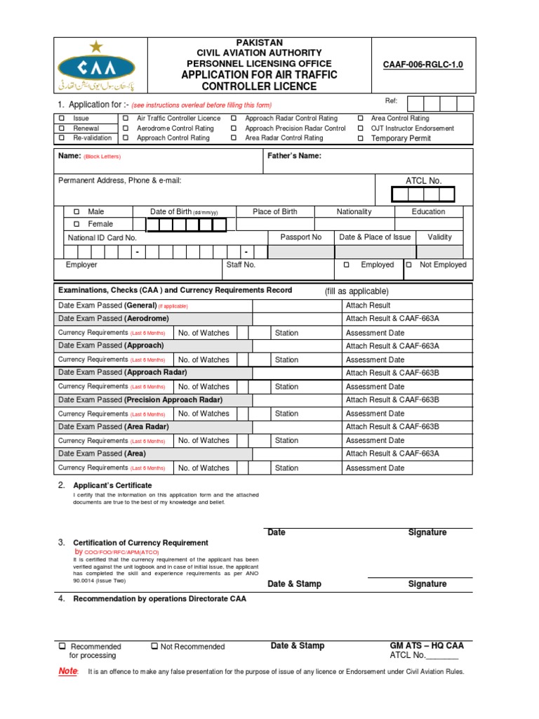 Main Form Caaf 006 RGLC 1 0 Application For Air Traffic Controller ...