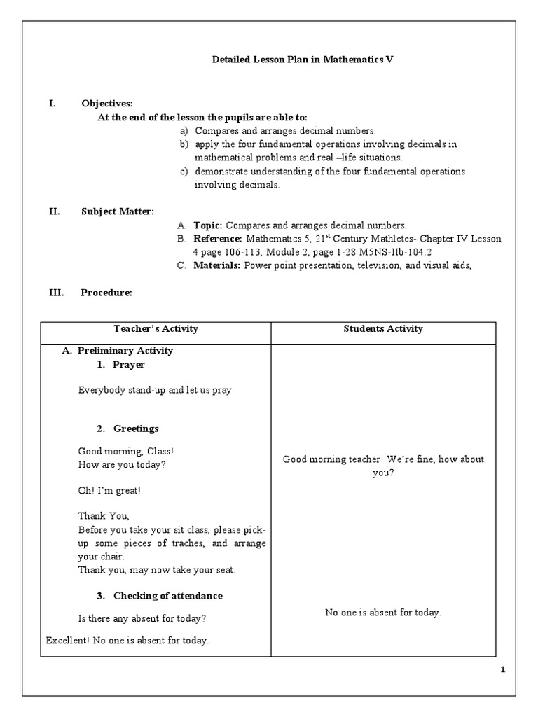 Detailed Lesson Plan in Mathematics - V | PDF | Arithmetic | Elementary ...